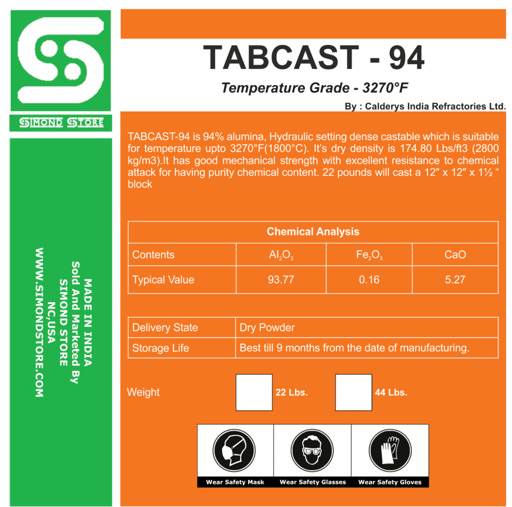 Simond Store Castable Refractory Cement 94% Alumina Dense, 3270?F Rated ...