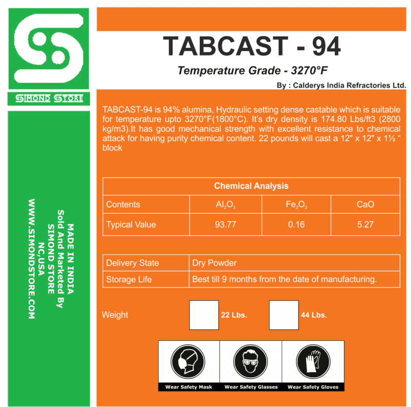 Simond Store Castable Refractory Cement 94% Alumina Dense, 3270?F Rated ...